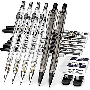 Nicpro 6 PCS Art Mechanical Pencils Set with Case, Drafting Pencil 0.3 & 0.5 & 0.7 & 0.9 mm and 2mm Lead Holder (4B 2B HB 2H) For Art Writing, Sketching Drawing,With Lead Refills Erasers Sharpener