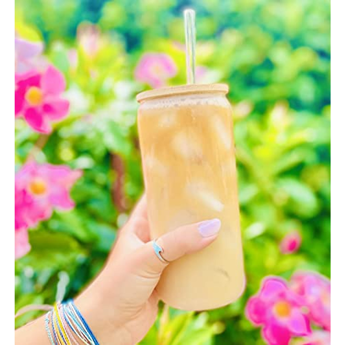 Sunshine Co. 20oz Glass Tumbler with Lid and Straw- Glass Cup with Bamboo Lid and Glass Straw- Reusable Iced Coffee Cup, Smoothie Cup - Matcha Tea Tik Tok Cocktail Glass