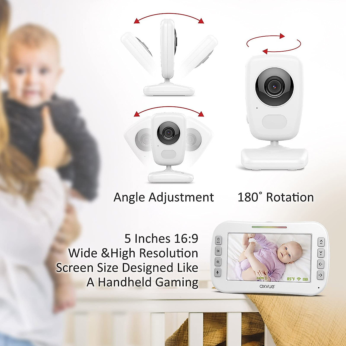 AXVUE Video Baby Monitor, Comfortable Slim Design Handheld Enclosure, 5.0" Screen Monitor & 2 Camera, Range up to 1000ft, 8 Hour Battery Life, 2-Way Talk, Night Vision, Temperature Monitor, No WiFi.