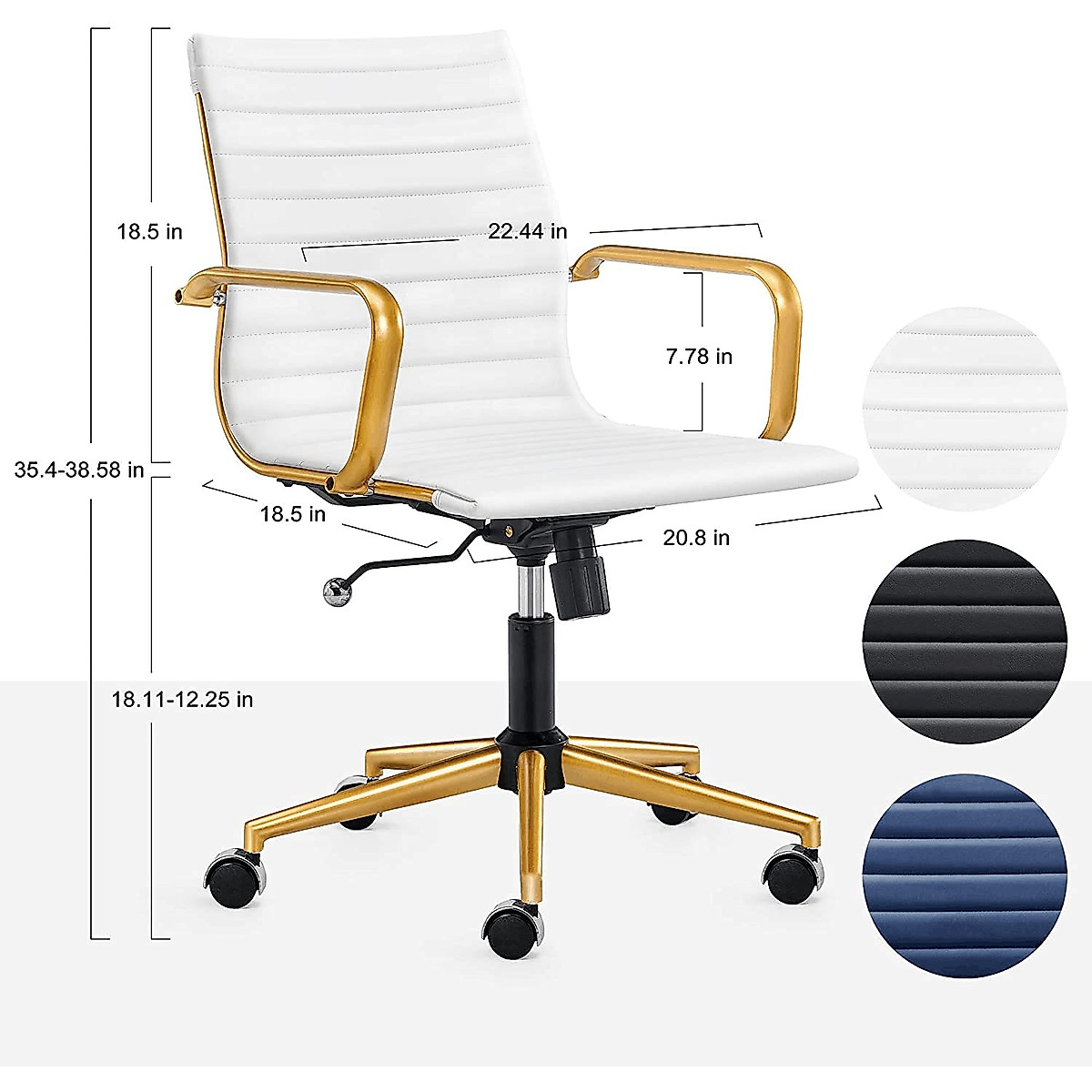 COROCC Office Desk Chair Modern Conference Room Task Chairs Leather Computer Swivel Excutive Ribbed Ergonomic Rolling Chair for Bed Room White and Gold Chair