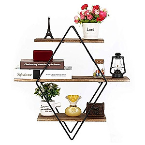 Homode Floating Shelves, Rustic Wood Geometric Wall Shelf, 3 Tier Diamond Metal Storage Shelves for Bedroom, Bathroom, Living Room, Kitchen, Office, Black and Brown