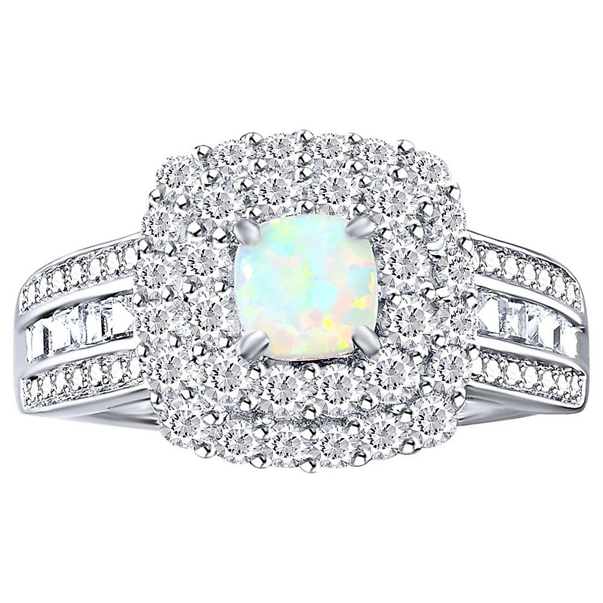 AFFY Simulated White Opal and White Sapphire Double Halo Ring in 14k White Gold Over Sterling Silver Ring Size-10
