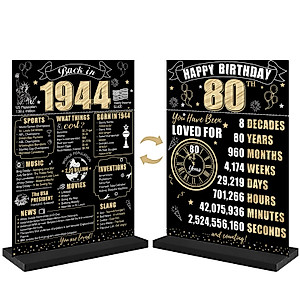 Eiurteao Black Gold 80th Birthday Decorations Back in 1944 Table Sign for Women Men, Two-sided 80 Birthday Wooden Poster with Stand Party Supplies, Eighty Year Old Bday Display Holder Table Decor