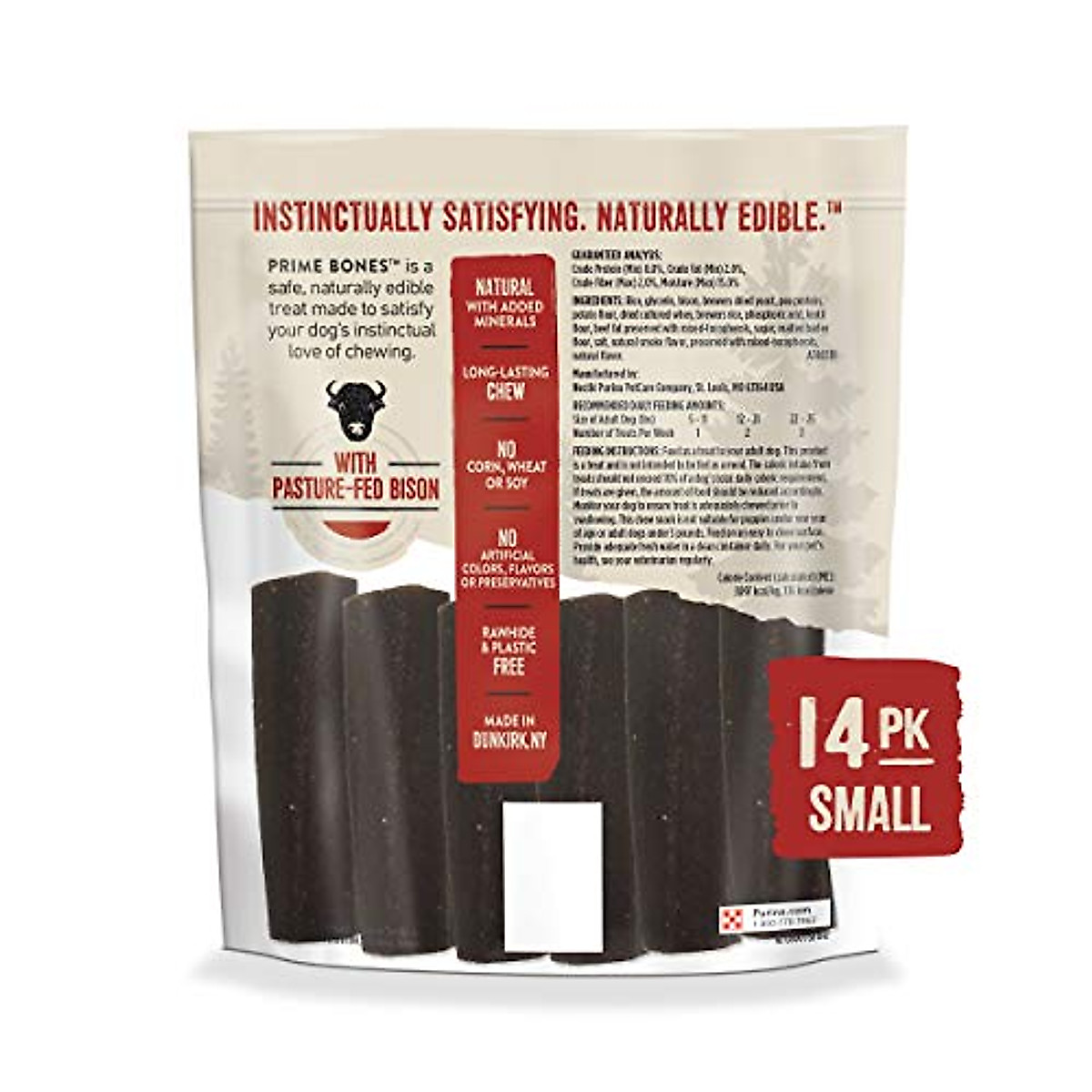 Purina Prime Bones Made in USA Facilities Natural Small Dog Treats, Filled Chew With Pasture-Fed Bison - 14 ct. Pouch