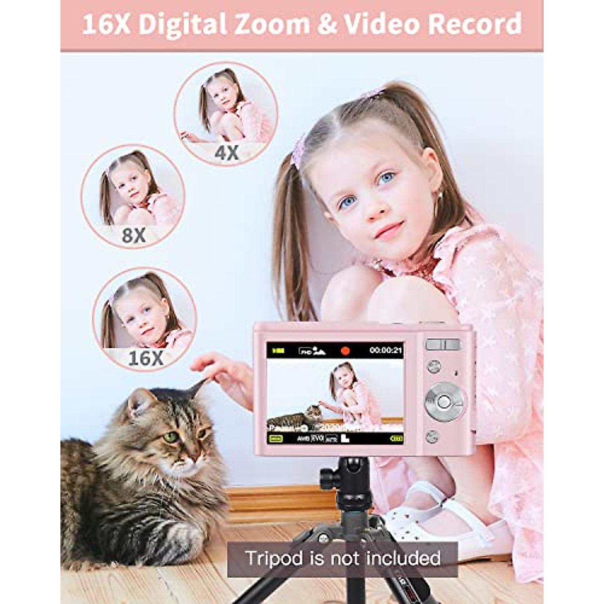 Digital Camera, Zostuic Autofocus 48MP Kids Camera with 32 GB Card Vlogging Camera with 16X Zoom, 1080P Compact Portable Mini Cameras for 4-15 Year Old Kid Children Teen Student Girls Boys(Pink)