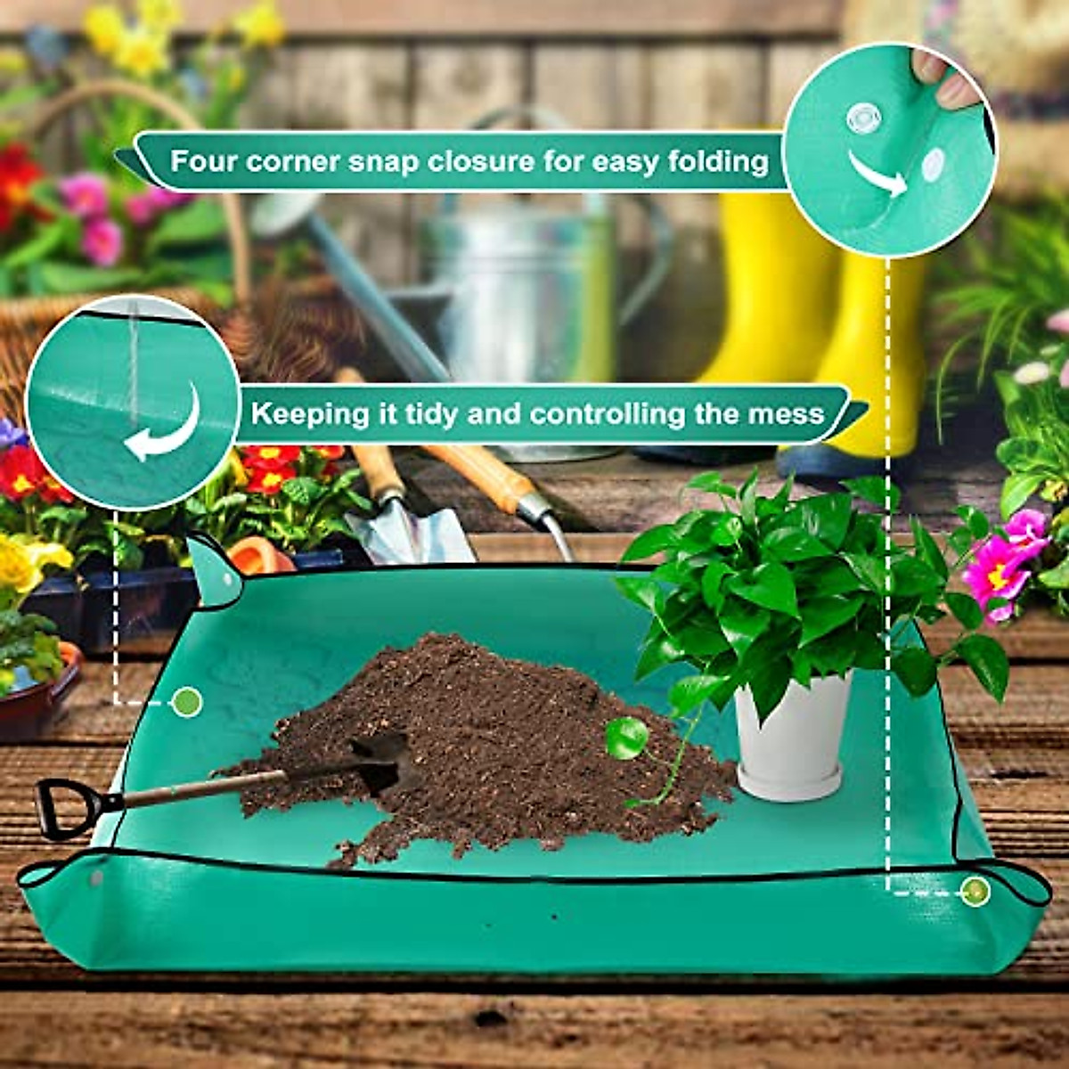 Auofin Plant Repotting Mat 2 pcs Waterproof Transplanting Mat Indoor Gardening Potting Succulents Portable Tray with Gardening Gloves - 39.4" and 26"