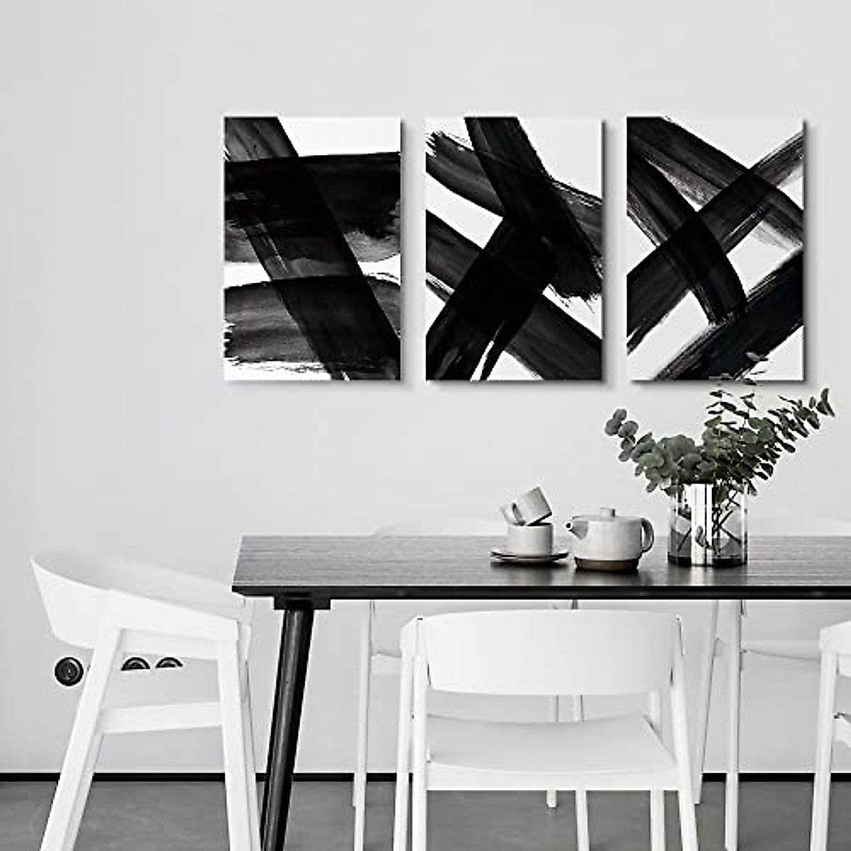 ArtbyHannah Black and White Abstract Canvas Wall Art with Strokes Abstract Shapes Illustrations Modern Art Prints for Living Room Bedroom Decoration - 3 Panels 16x24 inch
