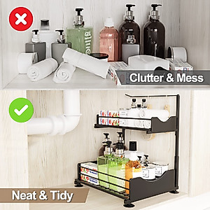 Oppro 2 Tier Under Sink Organizers and Storage Pull Out Cabinet Organizer, Upgrade 3 Height Adjustments with Sliding Metal Drawers, Multi-Use Shelf with rotating rack for Kitchen Bathroom Laundry