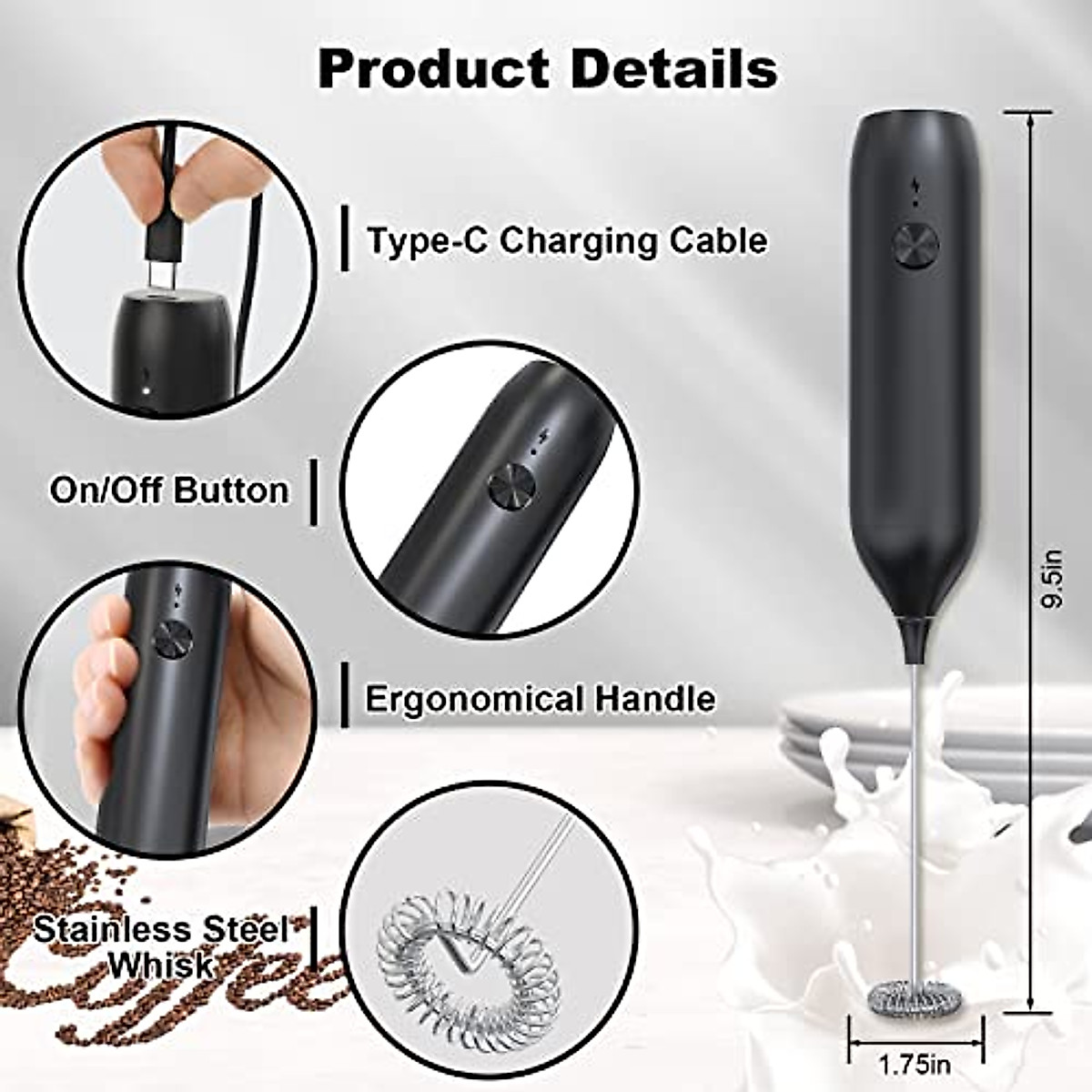 Rechargeable Milk Frother Handheld Foam Maker for Lattes - Whisk Drink Mixer for Coffee with Stand, Mini Electric Foamer for Latte, Cappuccino, Frappe, Matcha, Hot Chocolate (Stand+Black)