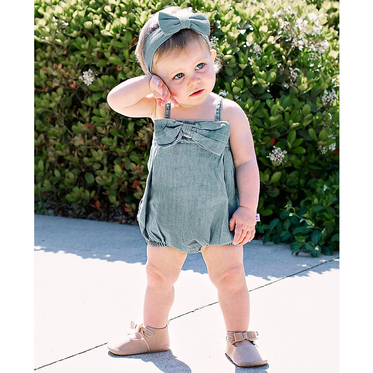 RuffleButts® Baby/Toddler Girls Light Wash Denim Bow-Front Bubble Romper - 3-6m