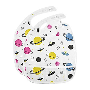 Kigai Cosmos Ufo Alien Baby Bibs for Baby Boy Girl, Waterproof Soft Cotton Washable Feeding Bibs Adjustable Snaps, Scraps Pocket, 2 Pack
