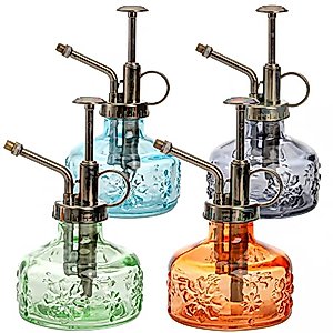 Elsjoy Set of 4 Glass Plant Mister Spray Bottle, 6 Oz Small Plant Watering Can with Bronze Plastic Top Pump, Vintage Plant Sprayer Watering Bottle for Indoor Outdoor Plant, Flower, 4 Colors