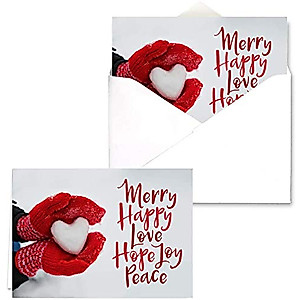 Red Mittens Heart Holiday Christmas Card - Set of 25 cards, 5'' x 7'' folded. Verse inside. Made in the USA. Blank white envelopes