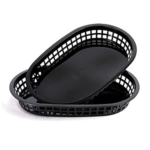 LyyGuanYoo 40 Pack Fast Food Baskets, Reusable Deli Fast Food Storage Baskets, 10.5 x 7 Inch Black Plastic Baskets, Food Service Tray Holder Set for Fruit, Hot Dogs, Burgers, Fries, Snacks,Picnic