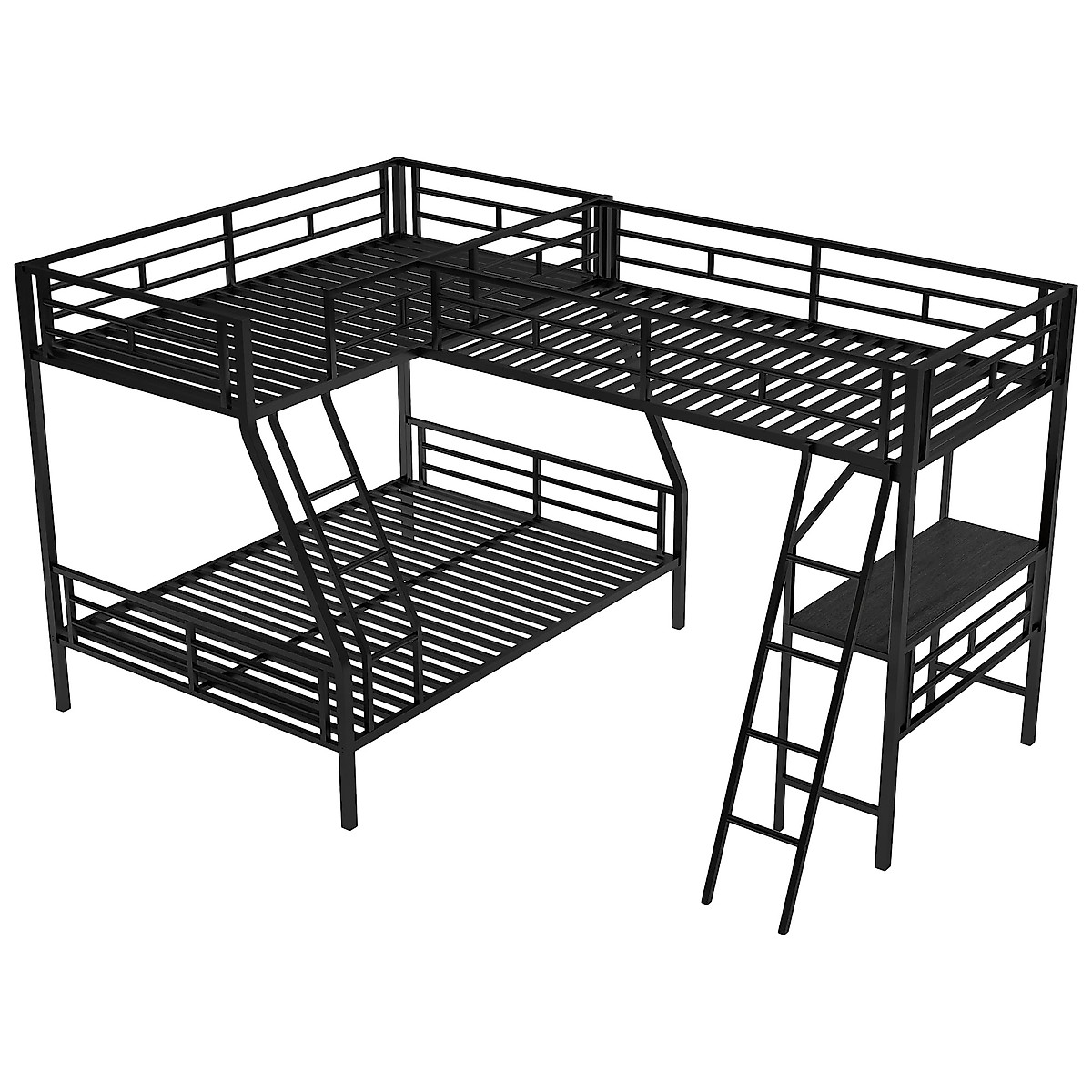SOFTSEA L-Shaped Twin Over Full Bunk Bed with Built-in Desk, Heavy-Duty Metal Bunk Bed Frame for 3 Persons, Space-Saving Design, No Box Spring Needed, Safety Guardrails, Noise-Free, Black