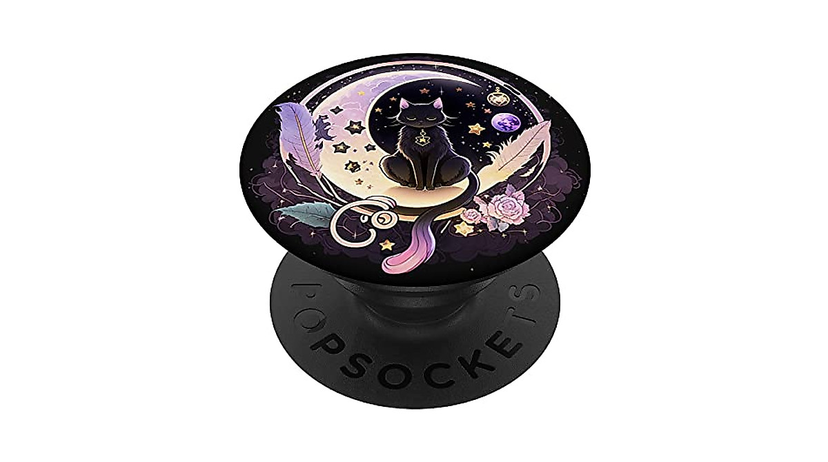 Cute Kawaii Black Cat PopSocket - Moon Phases Design