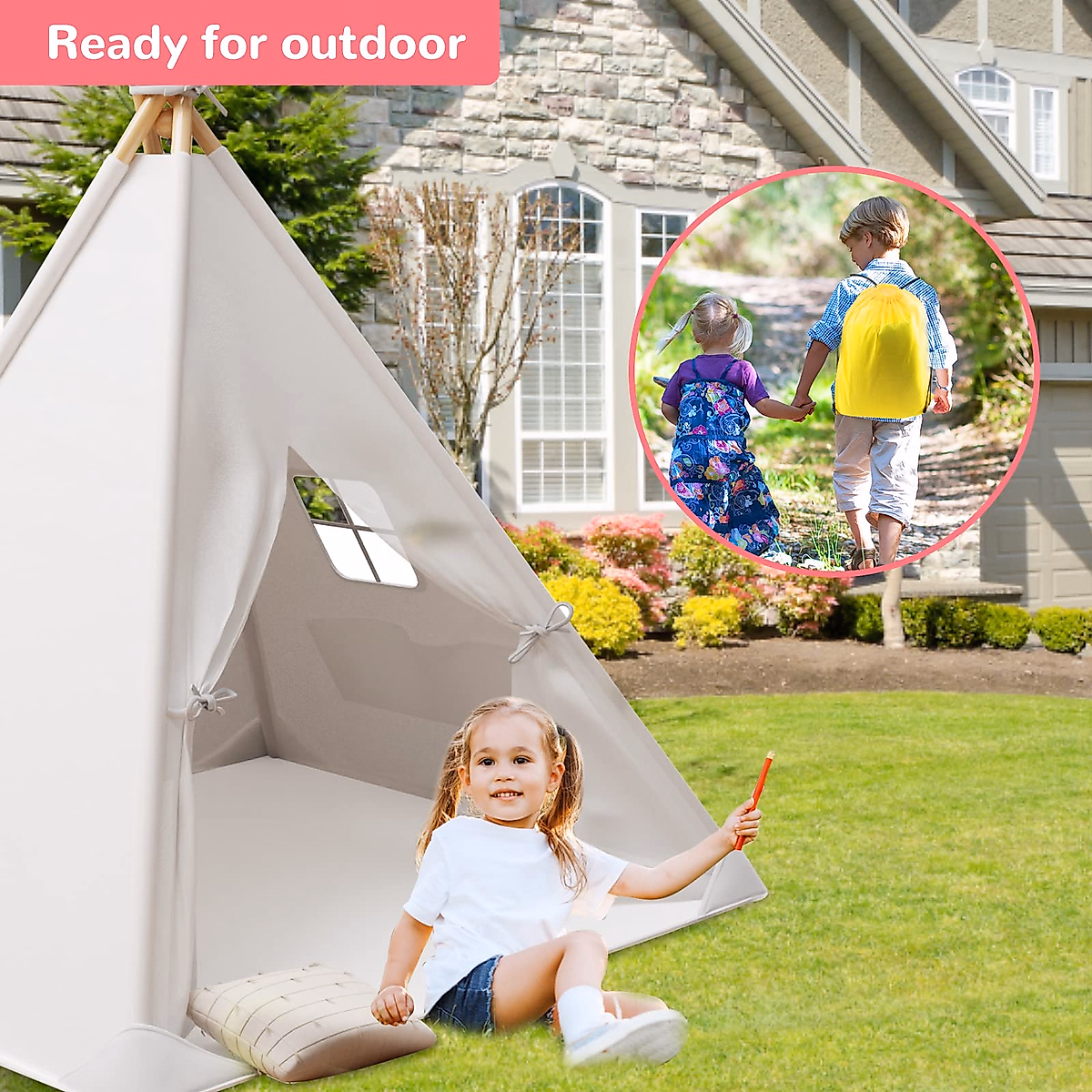 Large Kids Teepee Tent for 2 3 4 5 6 Year Old Girls, Kids Foldable Play Tent with Padded Mat & Light String, Ideal Gifts Toys Tent, White Canvas Teepee Indoor Outdoor Games, Kids Playhouse for Boys