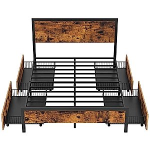 Rolanstar Bed Frame, Queen Size Bed Frame with 4 Drawers, Particle Board Headboard & Metal Platform Bed with Large Storage Space, up to 700LB, No Box Spring Needed, Mattress Foundation, Noise Free