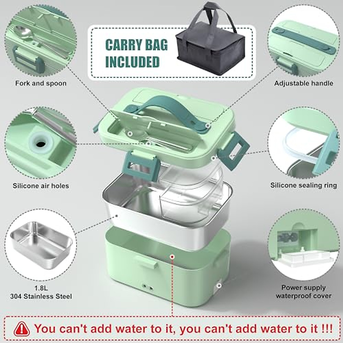 Adocfan Electric Lunch Box 75W 1.8L Food Warmer Heater 12V 24V 110V Faster Heated Lunch Box for Car/Truck/Home Portable Heating Boxes with 304 SS Container Fork & Spoon (Light green)