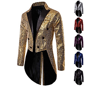 Mens Sequin Tuxedo Tailcoat Swallowtail Suit Jacket Dinner Party Wedding Blazer Slim Fit Show Tux Dress Coat (Gold, S)