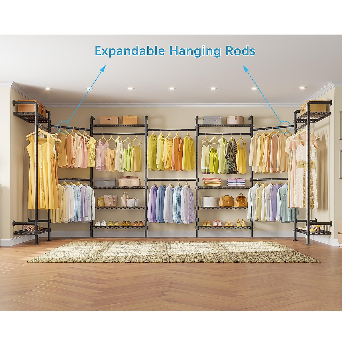 Timate U3 U Shape Garment Rack Heavy Duty Clothes Rack for Hanging Clothes, Expandable Industrial Pipe Clothing Rack Wall Mounted Closet L Shaped Closet Wardrobe Closet System, Large Closet Kit, Black