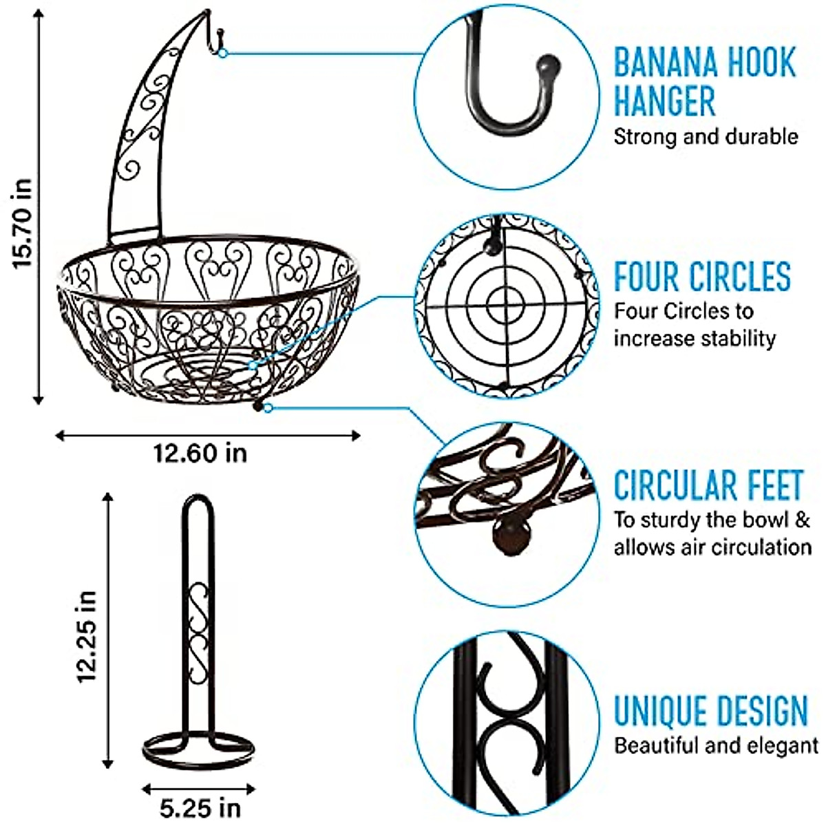 ODRAGO Fruit Basket for Kitchen with Complementry Towel Holder, Fruit Holder for Kitchen Countertop, Decorative Vegetable Baskets for Kitchen, Bronze Fruit Basket with Banana Hanger