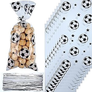 100 Pcs Soccer Treat Bags Gift Bags, Soccer Party Favors Bag Heat Sealable Treat Candy Bags Soccer Cellophane Bag with 100 Pcs Silver Twist Ties (Clear)