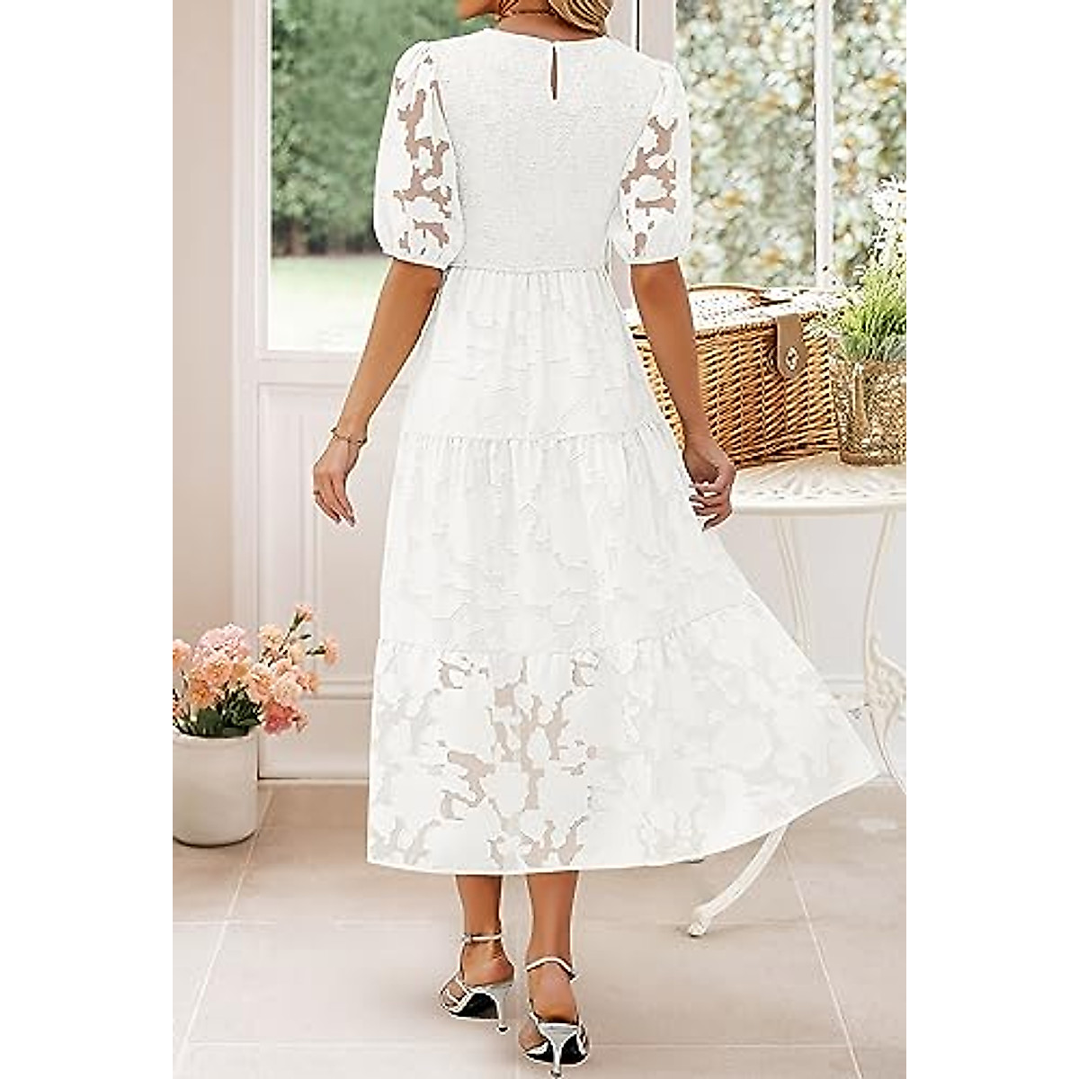 ZESICA Women's 2023 Summer Short Puff Sleeve Crewneck Smocked Floral Lace Flowy A Line Tiered Midi Dresses,White,Medium