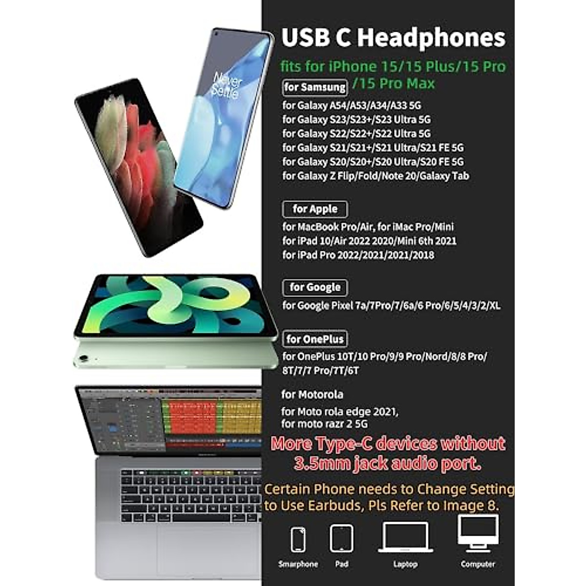 TITACUTE USB C Headphone for Samsung A53 S54 S22 S23 S21 S20 FE Wired Earbuds Magnetic in-Ear Type C Earphone with Microphone Stereo Noise Canceling for Galaxy Z Flip 5 Fold 4 Pixel 7 6 6a 7a OnePlus