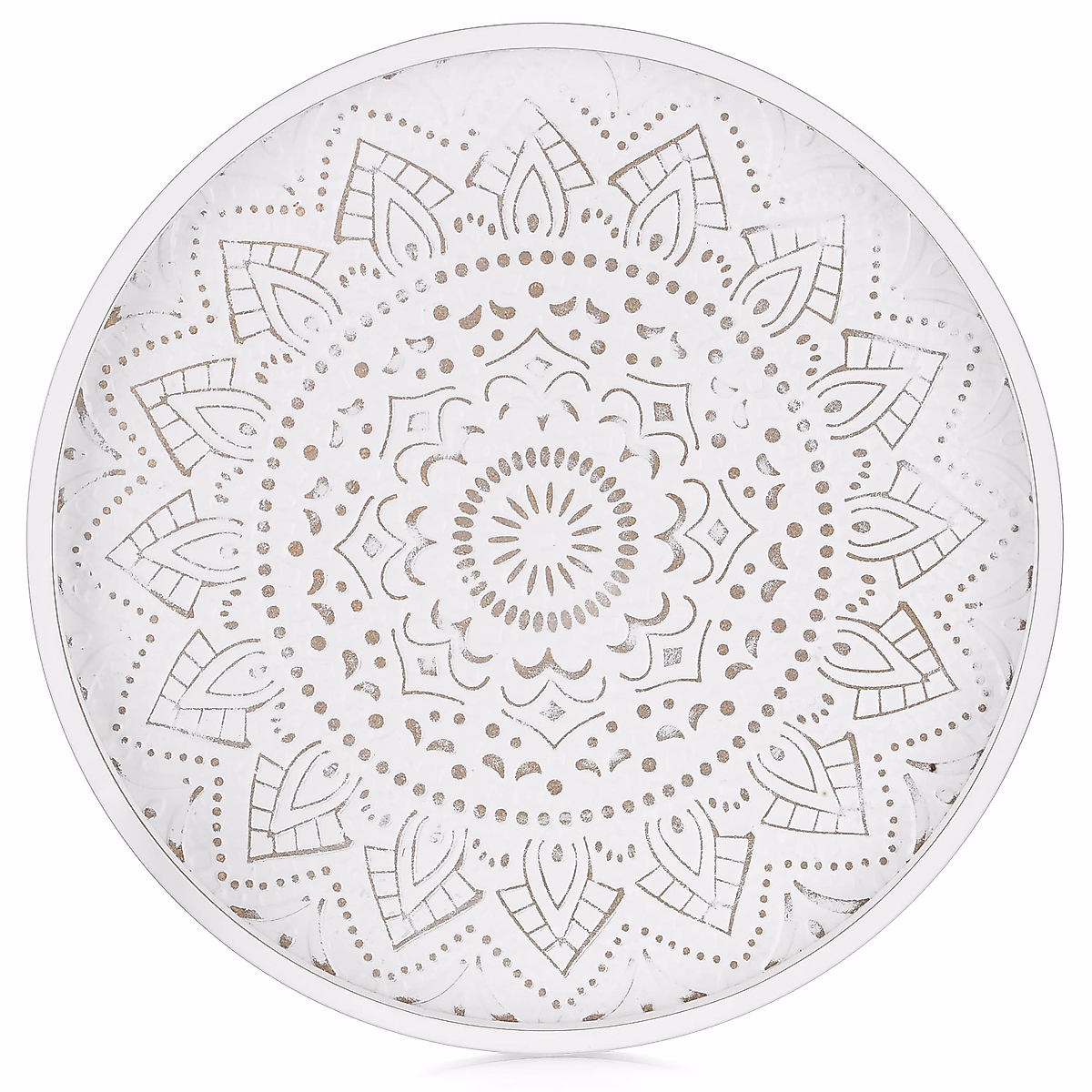 Hanobe Decorative Coffee Table Tray: Round Wood Trays for Boho Home Decor White Farmhouse Rustic Centerpiece for Living Dining Room Ottoman Kitchen Counter 12 Inch