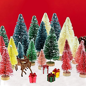 Yookat 51Pcs Pine Trees Artificial Trees with Wood Base Sisal Bottle Brush Trees Assorted Color and Deer Boxes Winter Snow Ornaments for Christmas Decoration