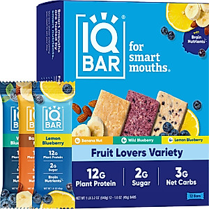 IQBAR Brain and Body Plant Protein Bars - Fruit Lovers Variety - 12 Count, Low Carb, High Fiber, Gluten Free, Vegan Snacks - Low Sugar Keto Bar Pack