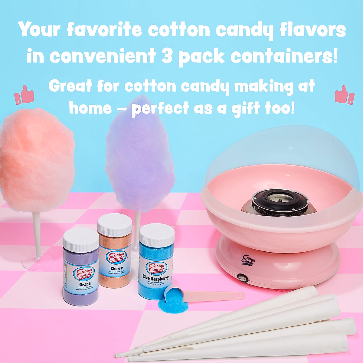 Cotton Candy Express Floss Sugar Variety Pack with 3 - 11oz Plastic Jars of Cherry, Blue Raspberry & Grape Flossing Sugars Plus 50 Paper Cotton Candy Cones