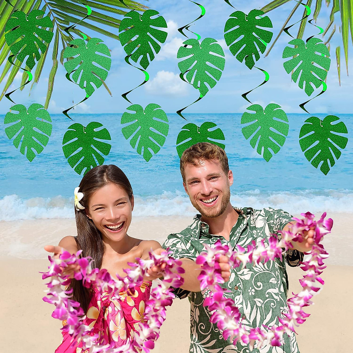 32Pcs Hawaiian Luau Party Decorations Palm Leaves Hanging Swirl,Tropical Safari Jungle Glitter Green Palm Leaves Decorations for Summer Beach Party Baby Shower Ceiling Hanging Foil Swirls
