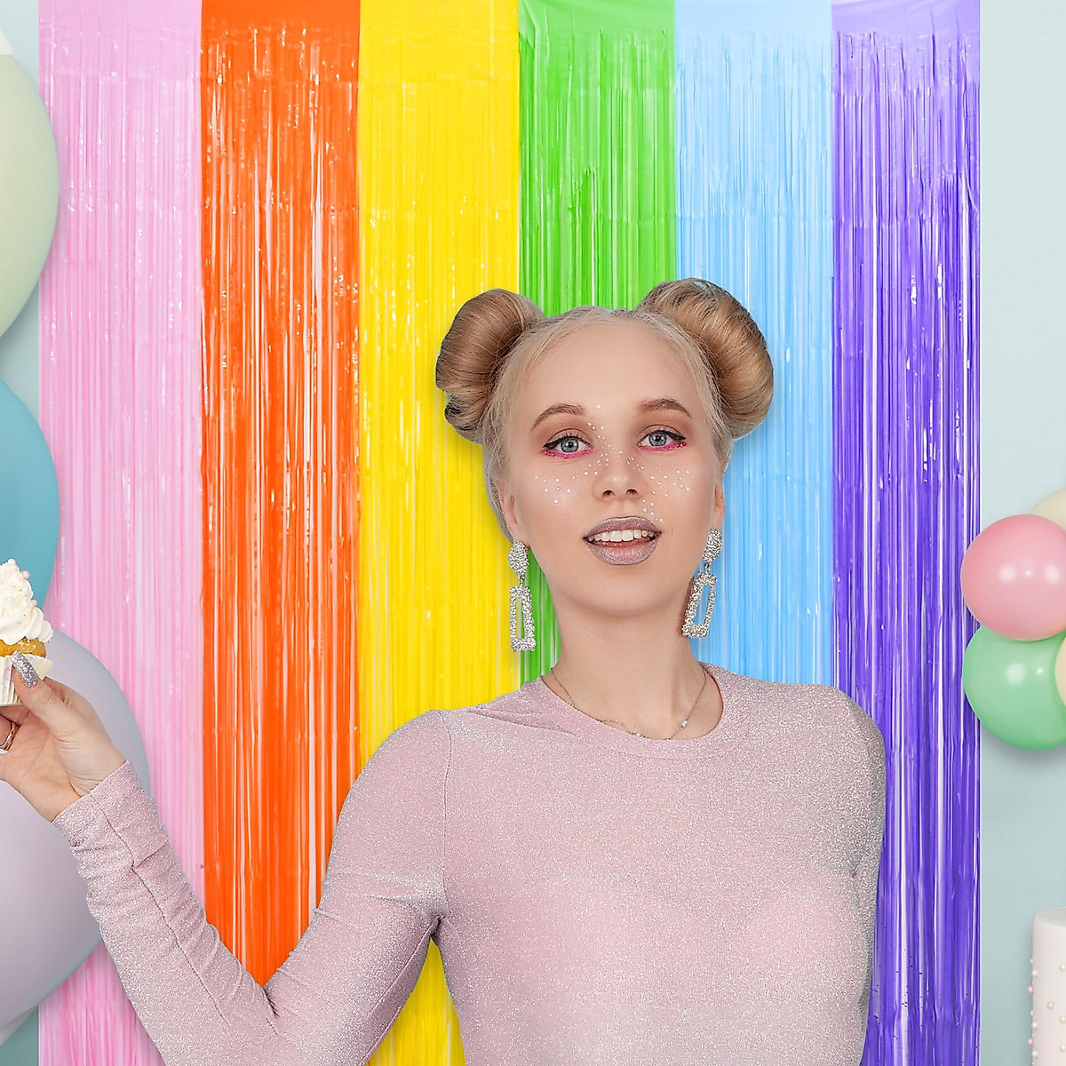 LOLStar Candyland Party Decorations, 2 Pack 3.3x6.6ft Pastel Rainbow Foil Fringe Curtains, Tinsel Curtains Photo Booth Prop Streamer Pastel Backdrop for Cocomelon Home Decor Easter Bunny Decorations