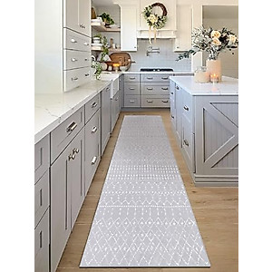 LIVEBOX Washable Grey 2.5x8 Runner Rug Non-Slip for Entryway, Neutral Moroccan Kitchen Rug Long Hallway Rug Runner, Boho Geometric Low-Pile Carpet Throw Rug for Bathroom Laundry Room
