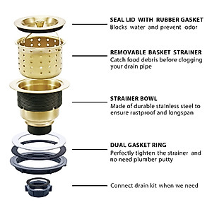 KONE 3-1/2 Inch Gold Sink Drain, Durable Stainless Steel Brass Kitchen Sink Drain Assembly Kit with Sink Strainer Waste Basket/Strainer Assembly/Sealing Lid for Standard Kitchen Sink