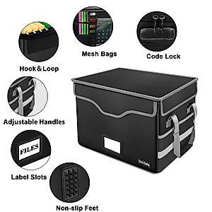DocSafe File Box Fireproof Document Box with Lock,File Storage Organizer Box with Mesh Pockets,Collapsible Portable File Box Home Office File Cabinet with Handle for Hanging Letter/Legal Folder,Black