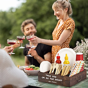 Paper Plate Holder, Plastic Silverware Caddy, Utensil Dispenser Caddy for Party Picnic Camping BBQ, Disposable Spoon Fork Knives Dish Cup Napkin Wood Storage Organizer for Kitchen Counter