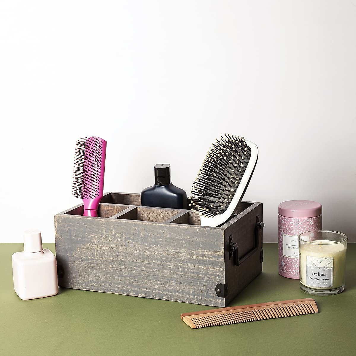 GoCraft 4 Compartment Flatware Caddy, Cutlery Utensil Holder, Silverware Condiment Organizer with Napkin Holder for Kitchen, Dining, Picnics, Grey Washed Mango Wood Caddy with Metal Handles