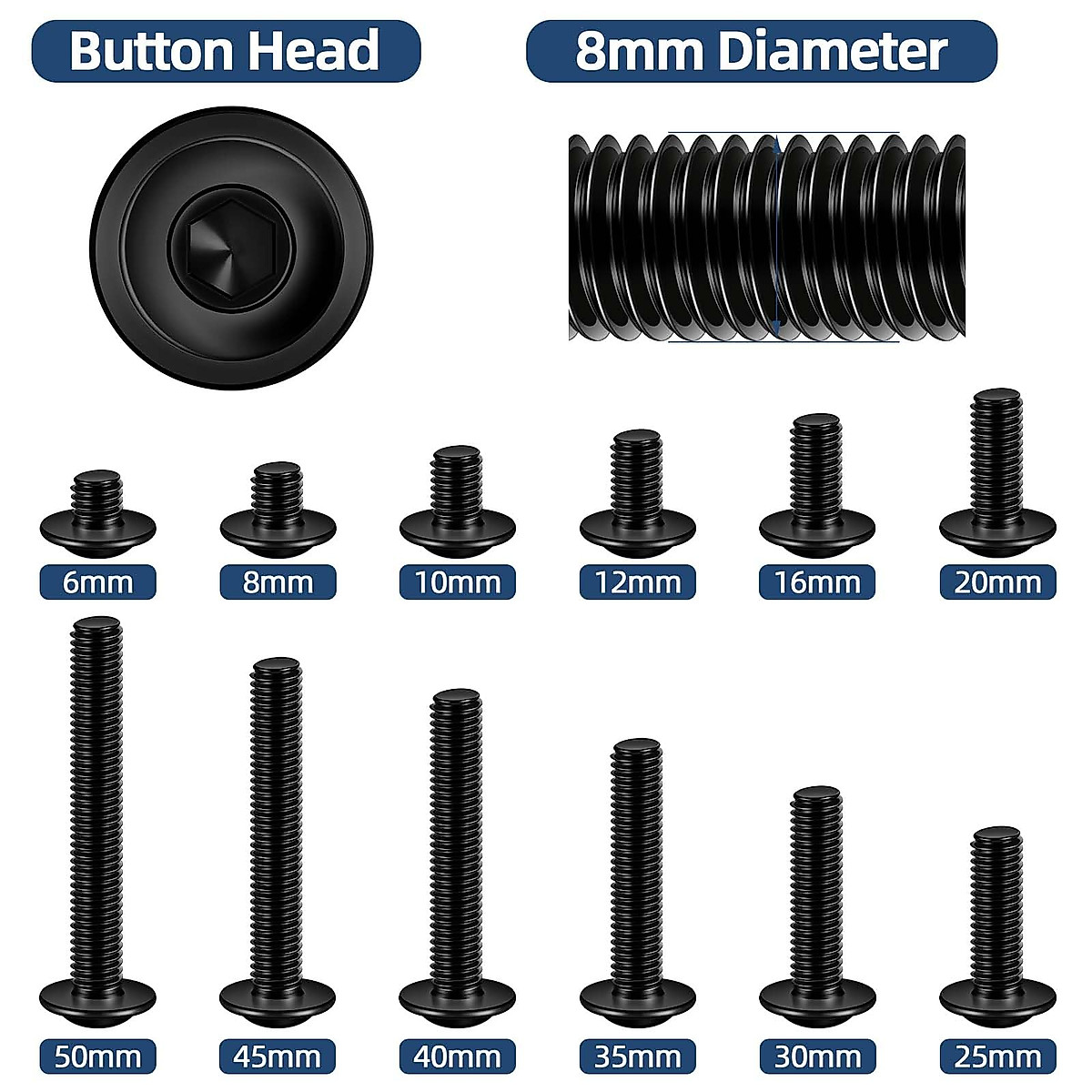 M8 x 16mm Flanged Button Head Socket Cap Screws, Black Oxide, Full Thread, Allen Socket Drive, 304 Stainless Steel, 20 PCS
