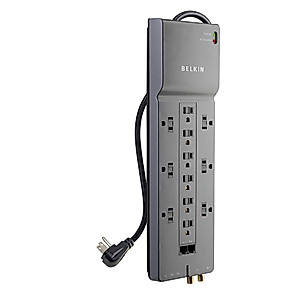 Belkin 12-Outlet Power Strip Surge Protector, Flat Plug, 10ft Cord (4156 Joules), Gray & 6-Outlet Power Strip Surge Protector, Flat Rotating Plug, 6ft Cord (600 Joules)