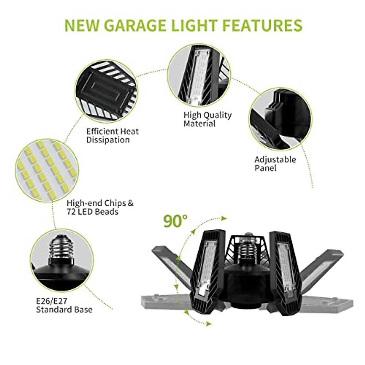 Pinegreen Lighting Garage Light, 50W LED Shop Light, 6000LM 5000K Daylight LED Garage Ceiling Lights with 3 Adjustable Panels Deformable Garage Lighting E26 Base (2 Pack)