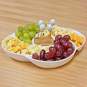 MyGift Decorative White Ceramic Charcuterie Platter Appetizer Olive Bowl Serving Tray with Food Picks and Wood Holder