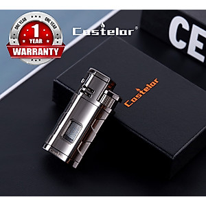 Castelar Cigar Torch Lighter Triple Jet Flame Butane Refillable with Cigar Punch Rest Holder - Butane Not Included