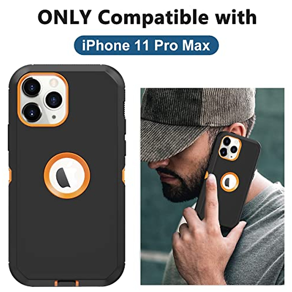 Aimoll-88 iPhone 11 Pro Max Case - Built-in Screen Protector, Heavy Duty Drop & Shockproof Protection, Dustproof, Black/Orange