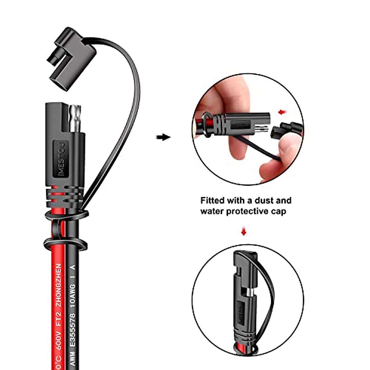 iMESTOU 10AWG SAE Cables 2 Pin Quick Disconnect Plug to O Ring Terminal Harness 1 Feet Extension Charge Cables SAE Connectors for 12V/24V Motorcycle, ATV, Lawn Mower, Truck(2)