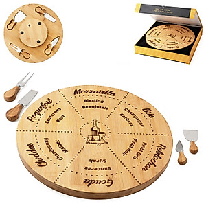 Permaggio Wine Pairing Cheese Board and Knife Set, Wine and Cheese Serving Set Lazy Susan Tray, 12.5" Natural Moso Bamboo Charcuterie Platter, Perfect Hostess Gift, Swivel Server Cheeseboard Gift Set