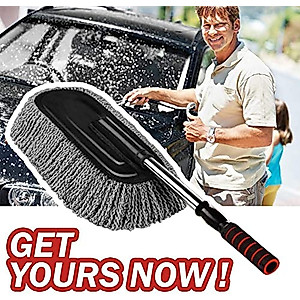 Microfiber Car Duster Exterior Interior Cleaner Cleaning Detailing Kit Size 15.7 Inch with Long Retractable Handle to Trap Dust and Pollen for Washing Car Bike RV Boats or Home Use, Grey