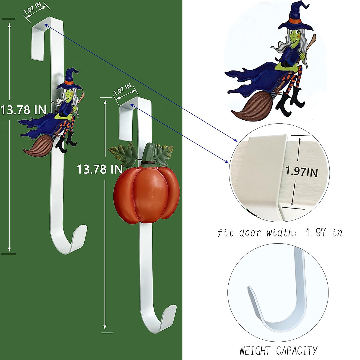 WKHOMEDECO 2 Pack Pumpkin Witch Wreath Hangers for Front Door,Fall Decoration Metal Over The Door Wreath Hanger Ornament,Door Wreath Hanger…